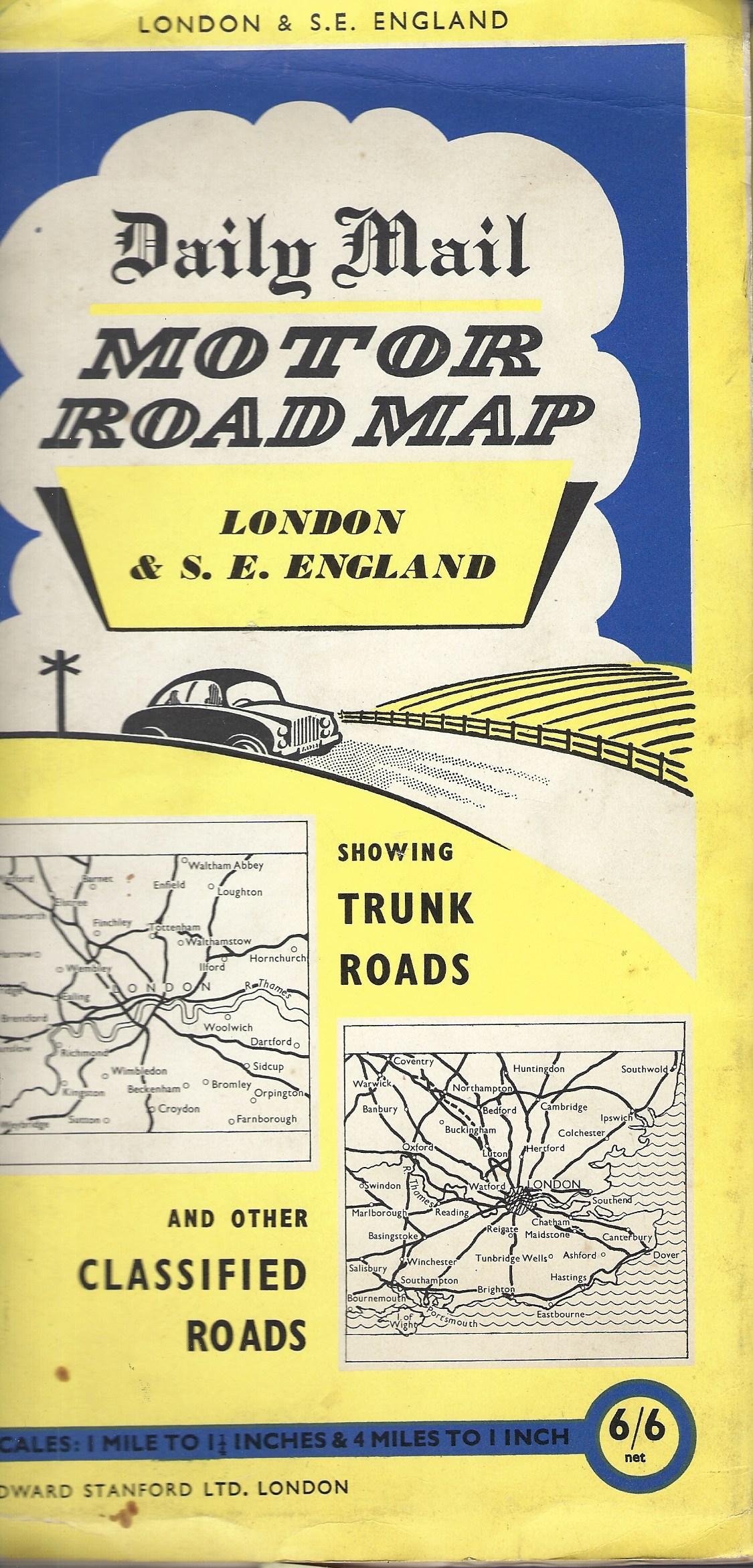Daily Mail Motor Road Map London and S.E. England Showing Trunk Roads ...
